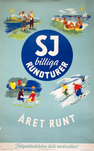 Original authentic vintage poster - Title: 'SJ 1947 Billiga Rundturer ...